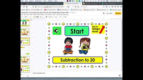 Subtraction to 20 GAME Google Slides Self-Checking 50 Facts Sports PDF LINK