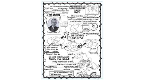 Continental Drift & Plate Tectonics Squiggle Sheets (Alfred Wegener) & Quiz