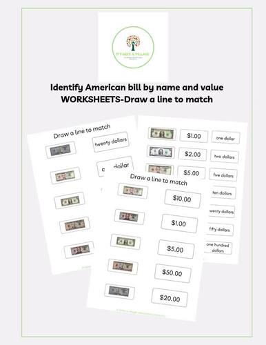 Money- Identify American bills WORKSHEETS -Draw a line to match