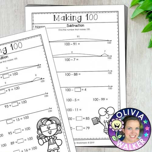 Make 100 - Addition and Subtracting Printables, includes number lines ...