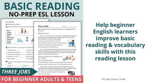 Beginner Adult ESL Short Story Reading Comprehension Worksheets Three Jobs