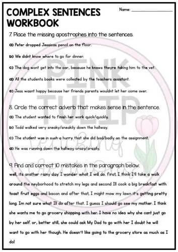 Complex Sentence Workbook - Grammar and Parts of Speech | TpT