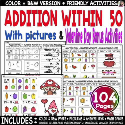 Valentine Addition Within 50 With Pictures Classroom Math + Bonus Cut ...