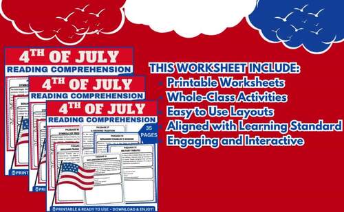 4th OF JULY Independence Day Reading Comprehension Passage Activities ...