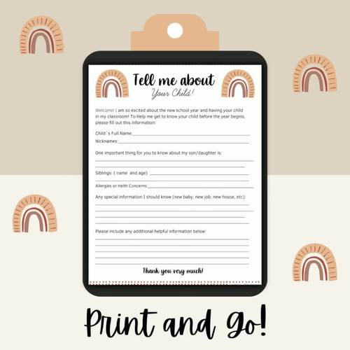 Tell me about your Child! Questionnaire/Parent Form Boho Theme. Print ...
