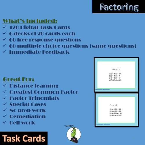 Factoring Binomials, Trinomials, Special Cases BOOM Task Cards Bundle