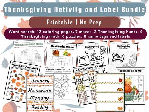 Thanksgiving and Fall Activity and Label Bundle | Printable by Kath's ...