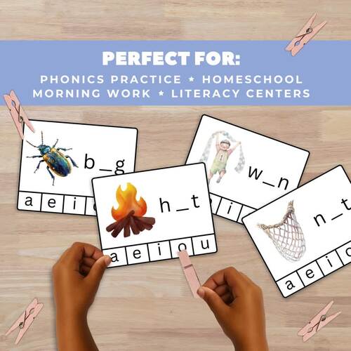 Missing Vowel Clip Cards, CVC Words, Short Vowel, Kinder Phonics Card ...