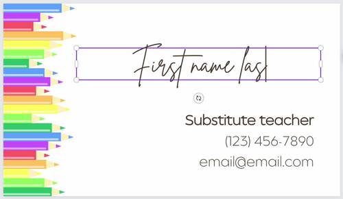 Substitute teacher or tutor business card design: bright rainbow pencils!