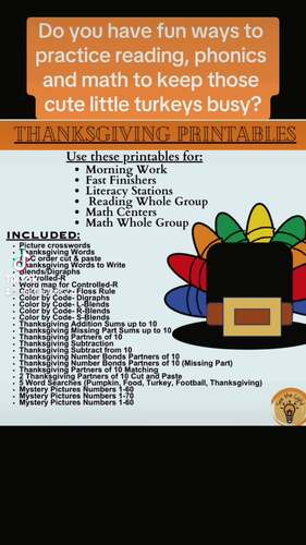 First Grade Thanksgiving Literacy and Math Activities, Worksheets ...