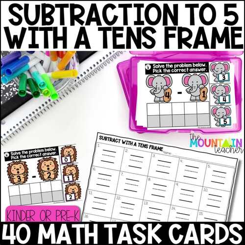 Subtraction within 5 with Ten Frames - Kindergarten Math Centers & Task ...