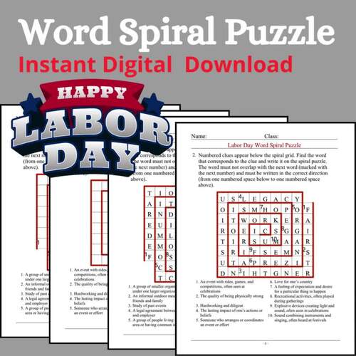 Labor Day Worksheets Word Spiral Puzzles With Solution No Prep | TPT