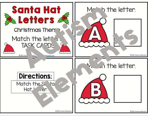 Santa Hat Match Lowercase Letters Task Cards-Christmas/Winter- Autism ...