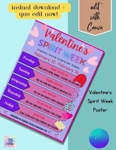 Editable Valentine School Spirit Week Flyer, PTO PTO, Printable | TPT