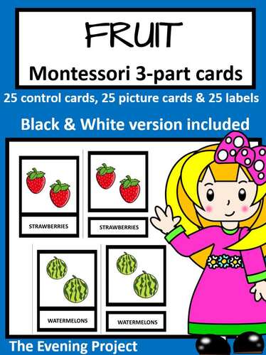 FRUIT Montessori 3-part cards with clipart/color and black & white cards