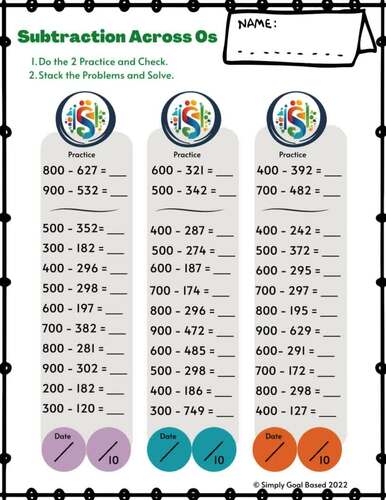 3-Digit Subtraction Across Zeros by Simply Goal Based | TPT