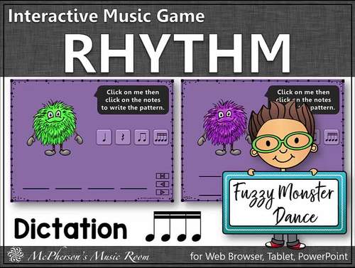 Rhythm Dictation Sixteenth Notes Interactive Music Game (Fuzzy Monster}
