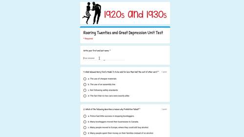 1920s and Great Depression Test with Google Forms™ by Love Learning