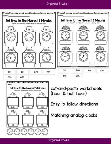 Thanksgiving Telling Time Cut and Paste | Telling Time to the Nearest 5 ...