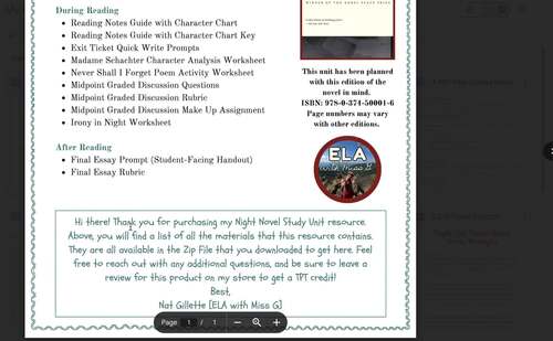 Night Novel Study Unit | Elie Wiesel Complete Unit Plan, Activities ...