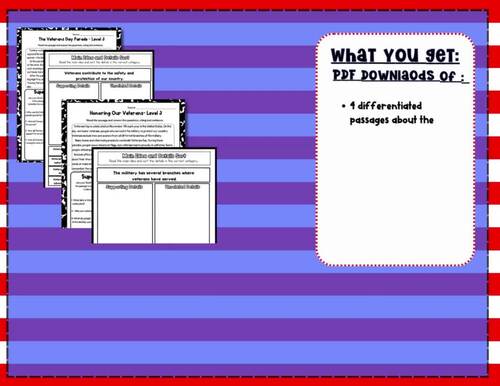 Veterans Day Reading Comprehension Passages November Close Read Leveled ...