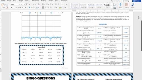 6th/7th/8th Grade Math Winter Activity: BINGO Review Game (Algebraic ...