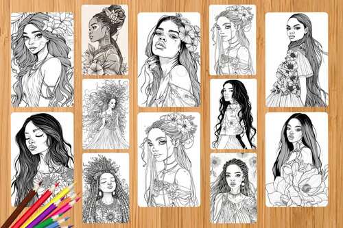 Floral Long Hair African Girl Coloring Pages by Digital Study | TPT