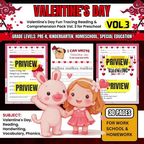 Valentine's Day Fun Tracing Reading & Comprehension Pack Vol. 3 for ...