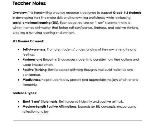 Winter Printing Practice: 20 Days of SEL Positive Affirmations for ...