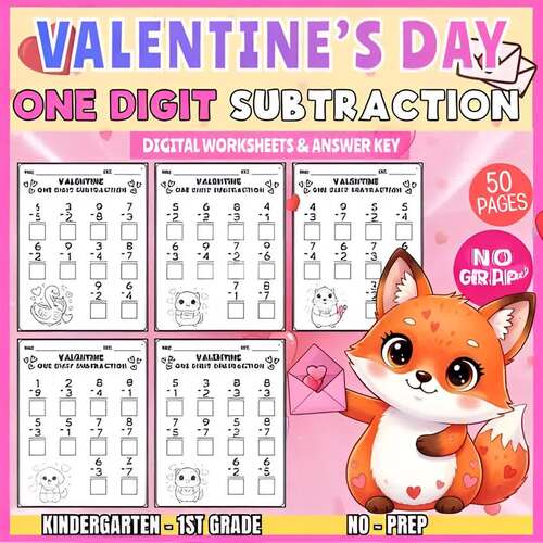 Valentine’s Day One Digit Subtraction Worksheets | Kindergarten & 1st ...