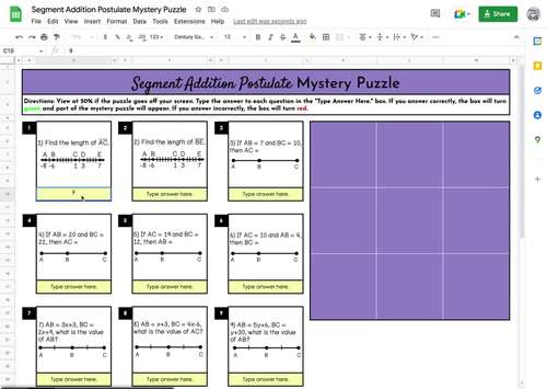 Segment Addition Postulate | Google Sheets | Mystery Puzzle Activity