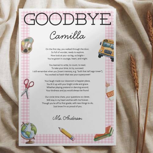 Kindergarten End of Year Poem from Teacher to Student Pastel Pink ...