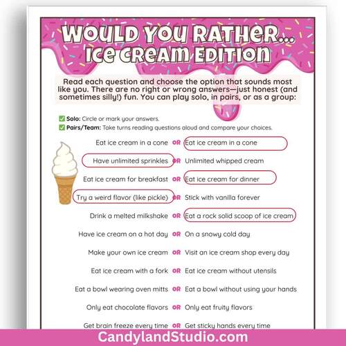 Ice Cream "Would You Rather" Silly Back to School End of Year Summer Game