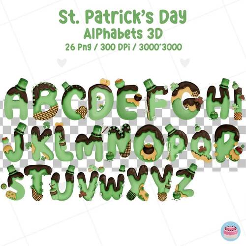 Alphabet ABC St. Patrick’s Day Dessert 3D Hand-Drawn Clipart Set 26 PNG