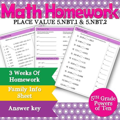 Math Homework for 5th Grade Place Value 5.NBT.1 and 5.NBT.2/Powers of Ten