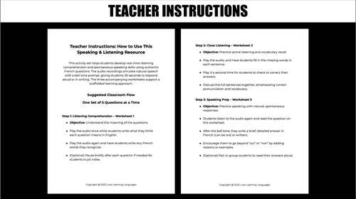 French Listening & Speaking Drills – Student Worksheets + Audio Prompts