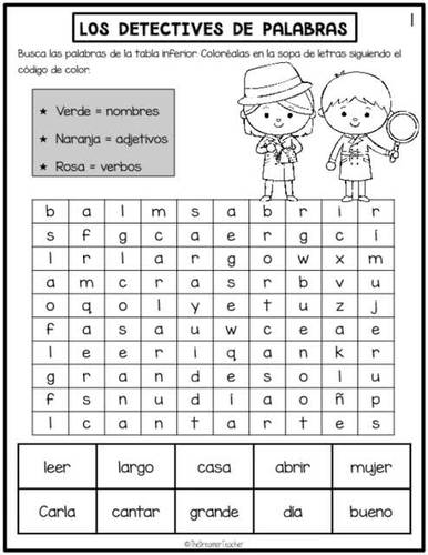 Spanish Vocabulary Word Search Nouns, Verbs, and Adjectives | TPT