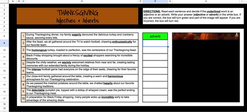 THANKSGIVING ADJECTIVES & ADVERBS Google Sheets Digital Mystery Picture