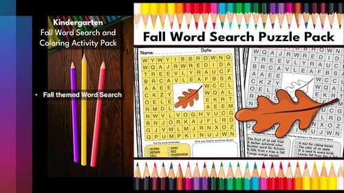 Kindergarten Fall Word Search and Coloring Activity Pack for Kindergartners