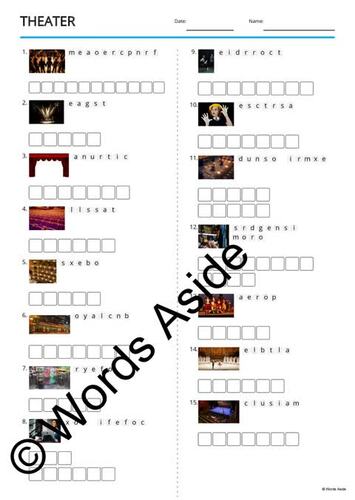 Vocabulary Puzzle Writing Worksheets Crossword Word Search Anagram THEATER