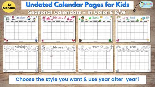 Undated Calendars for Kids, Seasonal Monthly Calendar Pages, Coloring ...