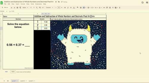 Google Sheets Pixel Art - Addition and Subtraction with Decimals TEKS 4.4A