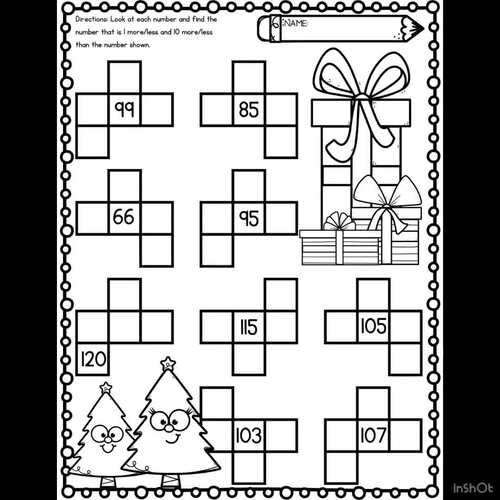 1st Grade Mental Math Puzzles – 10 More and 10 Less | Christmas Theme