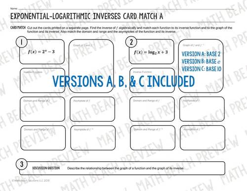 Exponential – Logarithmic Inverses Card Match Activity by Math Beach ...