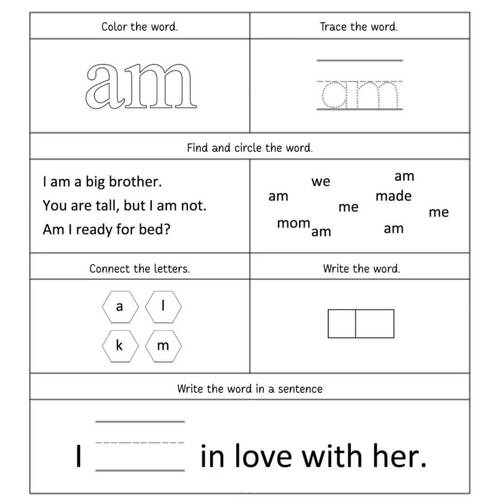 50 Printable Sight Word Worksheets For Preschool + Kindergarten | TPT
