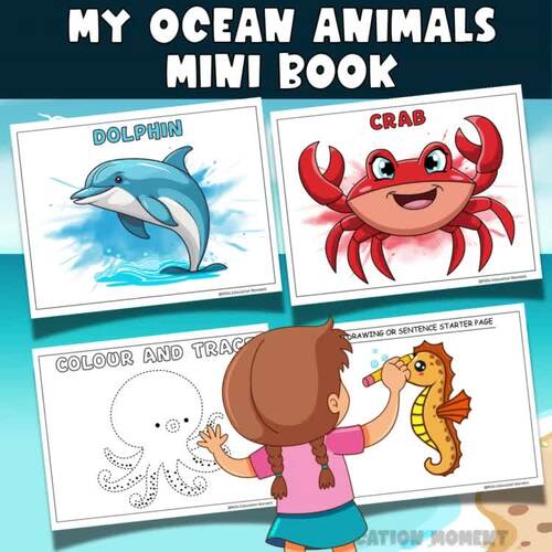 Summer Ocean Animals Mini Book | Label + Colour + Trace for Kids