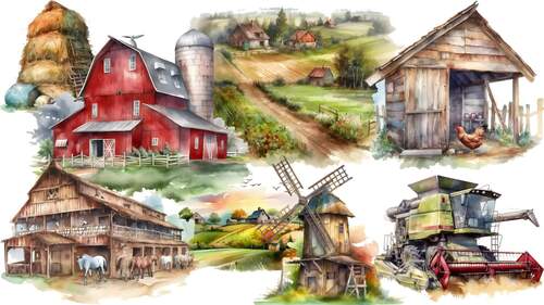 Watercolor Farm Scenery Clipart Set of 20 Files by ArtisticTimberStudio