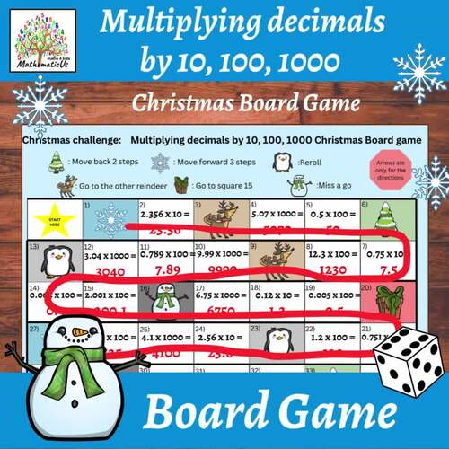 Multiplying Decimals by 10 100 1000 Winter Maths Board Game by MathematicUs