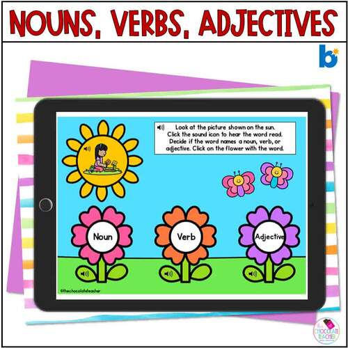 Nouns, Verbs, Adjectives Parts of Speech Spring Grammar Boom Cards