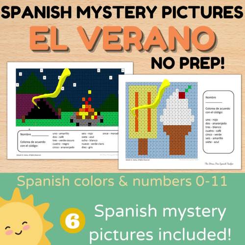 Spanish SUMMER Color By Number Mystery Pictures EL VERANO no prep ...